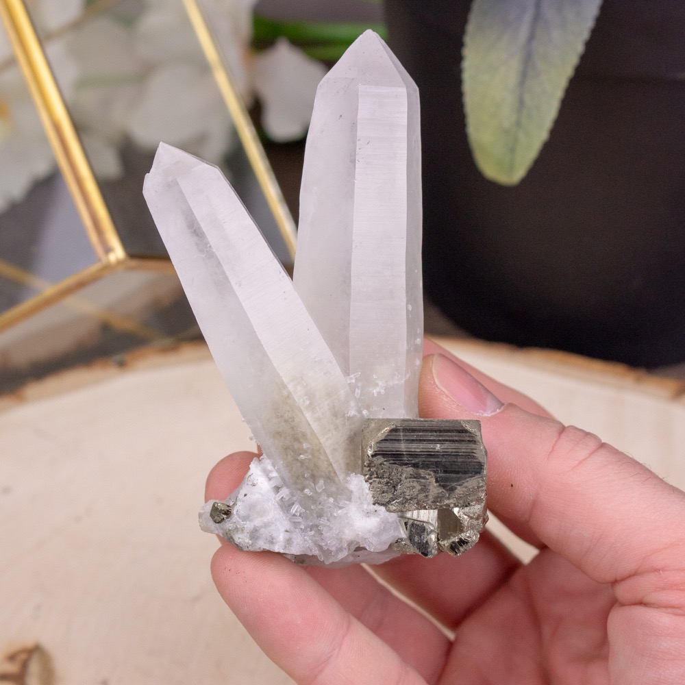 Twin Quartz Points with Pyrite Cube Base - The Crystal Council